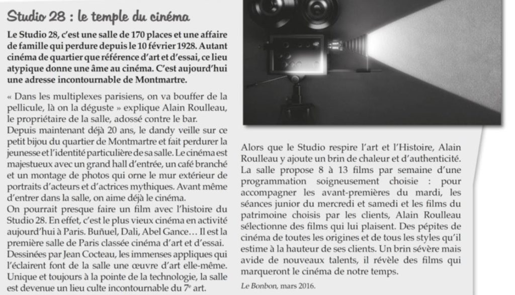 Text comprehension in French and talk about a movie theater