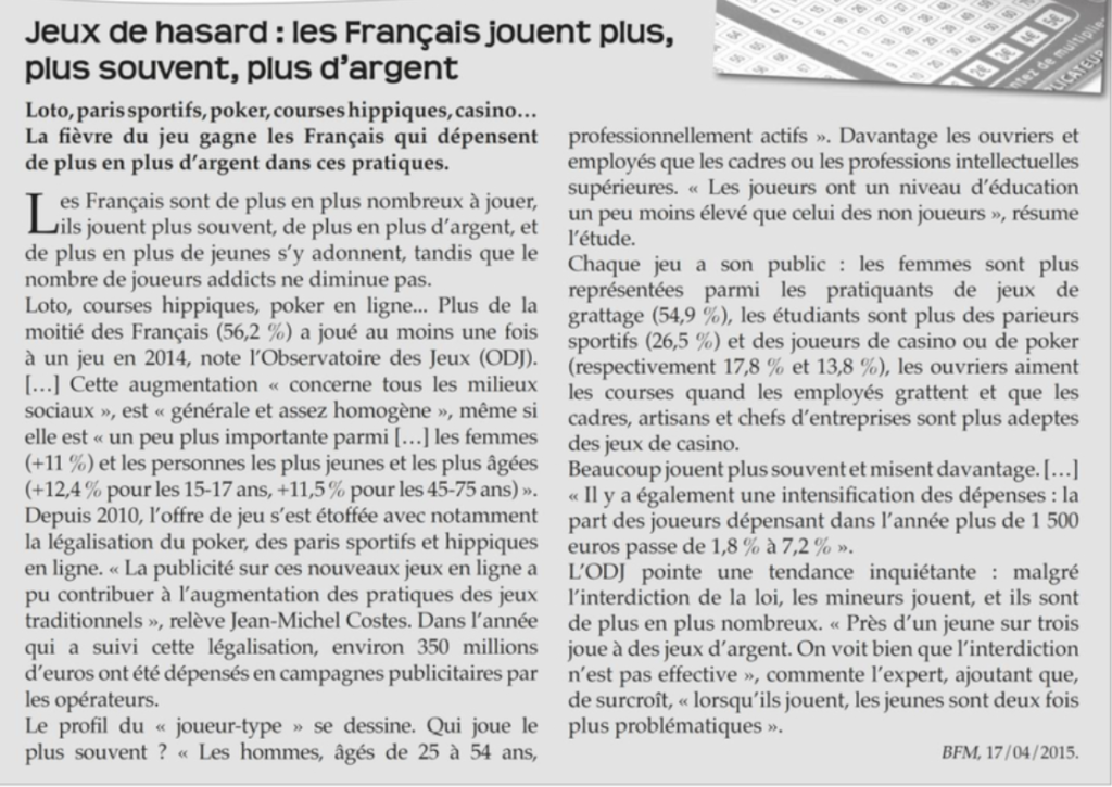 French text comprehension - Level B1 "Paris et jeux d'argent en France"